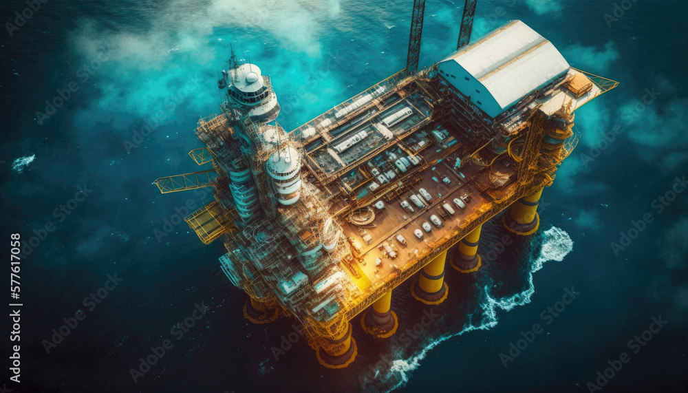 Aerial top view of offshore factory station, oil platform extract and ...