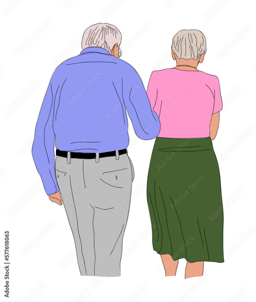 Senior couple colorful drawing. Back view of Old people walking ...