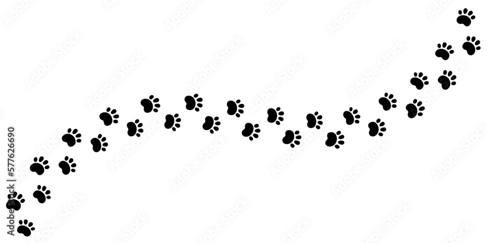 Dog paw print wave line. Cute cat pawprint. Pet foot trail. Black dog step silhouette. Simple ...