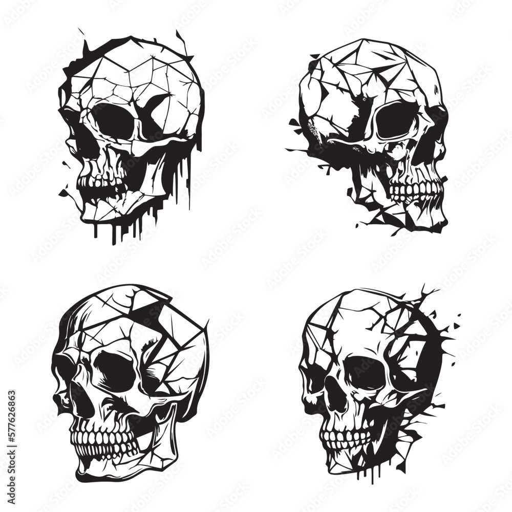 Human broken skull black outline hand drawing sketch vector set ...