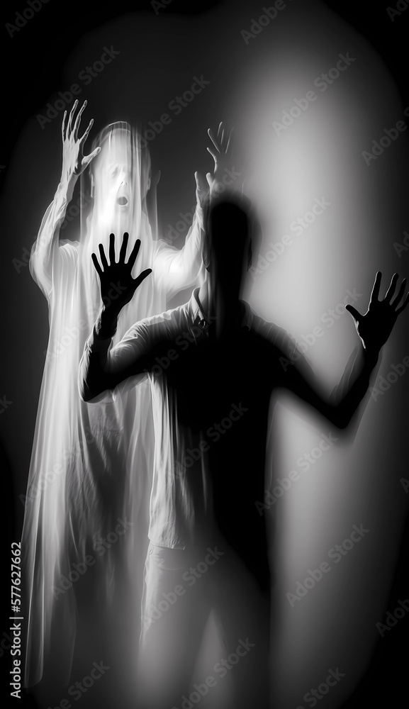 Haunted by anxiety and depression, scarry ghost and hands behind a semi transparent glass no ...