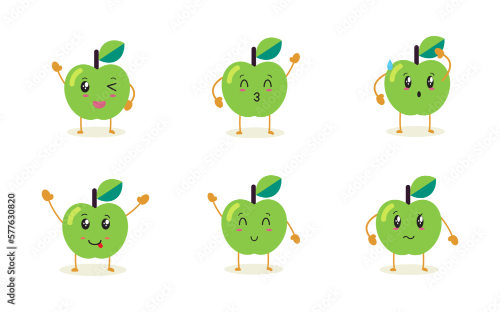 Set of cute green apple characters with different emotions, poses ...
