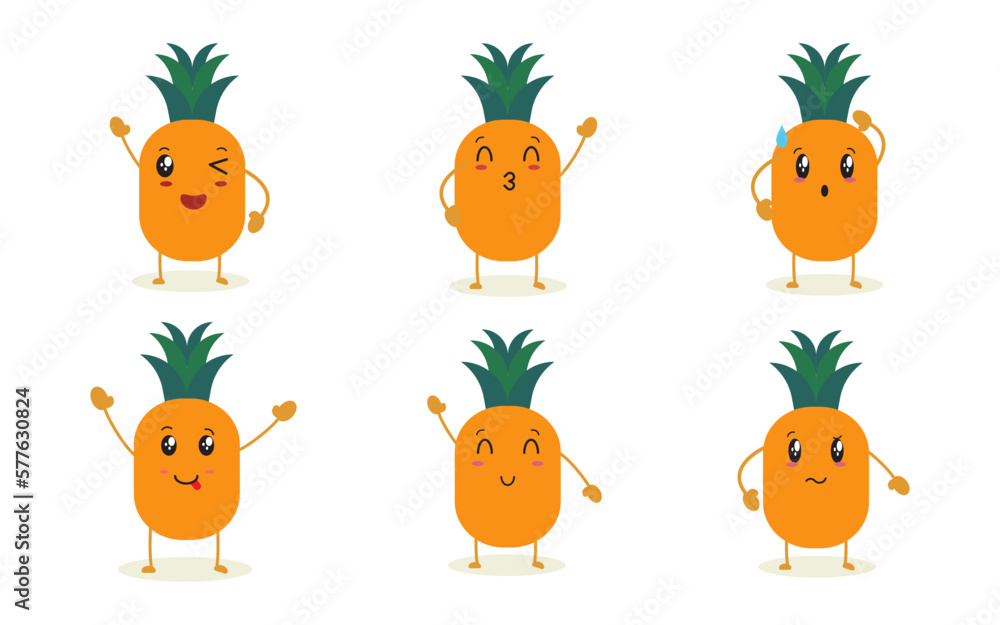 Set of cute pineapple characters with different emotions, poses cartoon ...