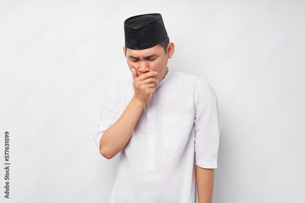 Unhealthy Young Asian Muslim man in Arabic costume feeling coughing ...