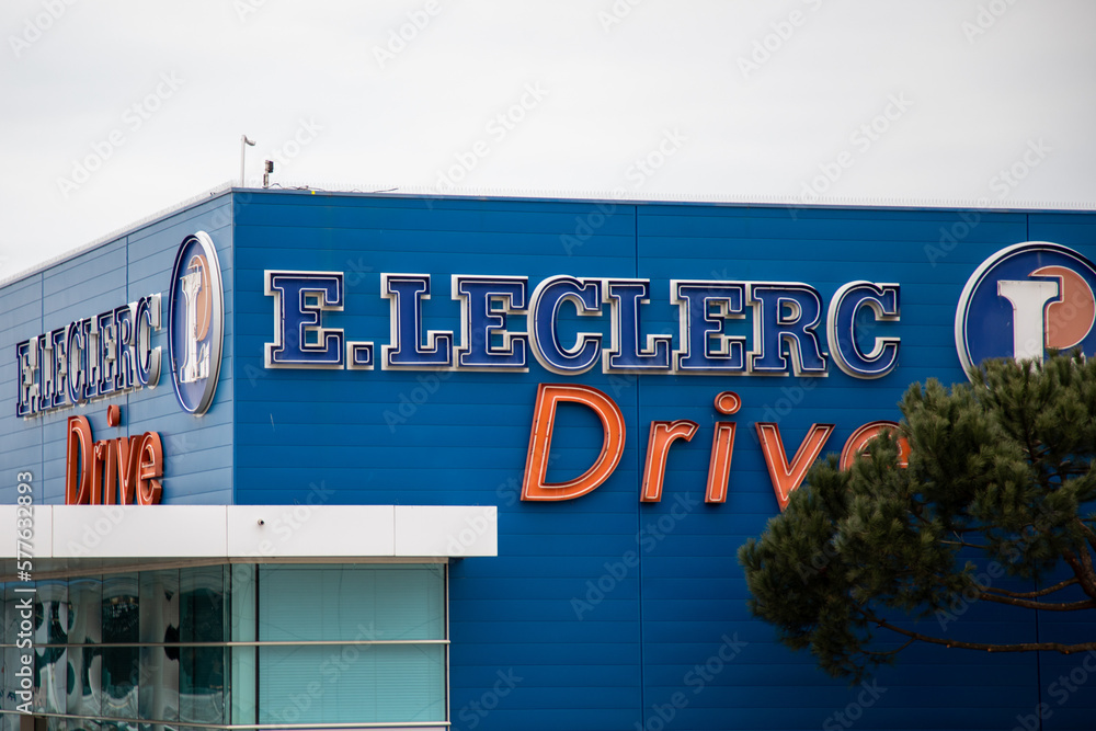 E.leclerc drive sign logo on building facade shop retail supermarket ...
