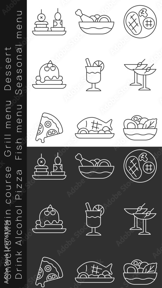 Menu Icon Set: Snacks, Main course, Grill menu, Dessert, Drink, Alcohol ...