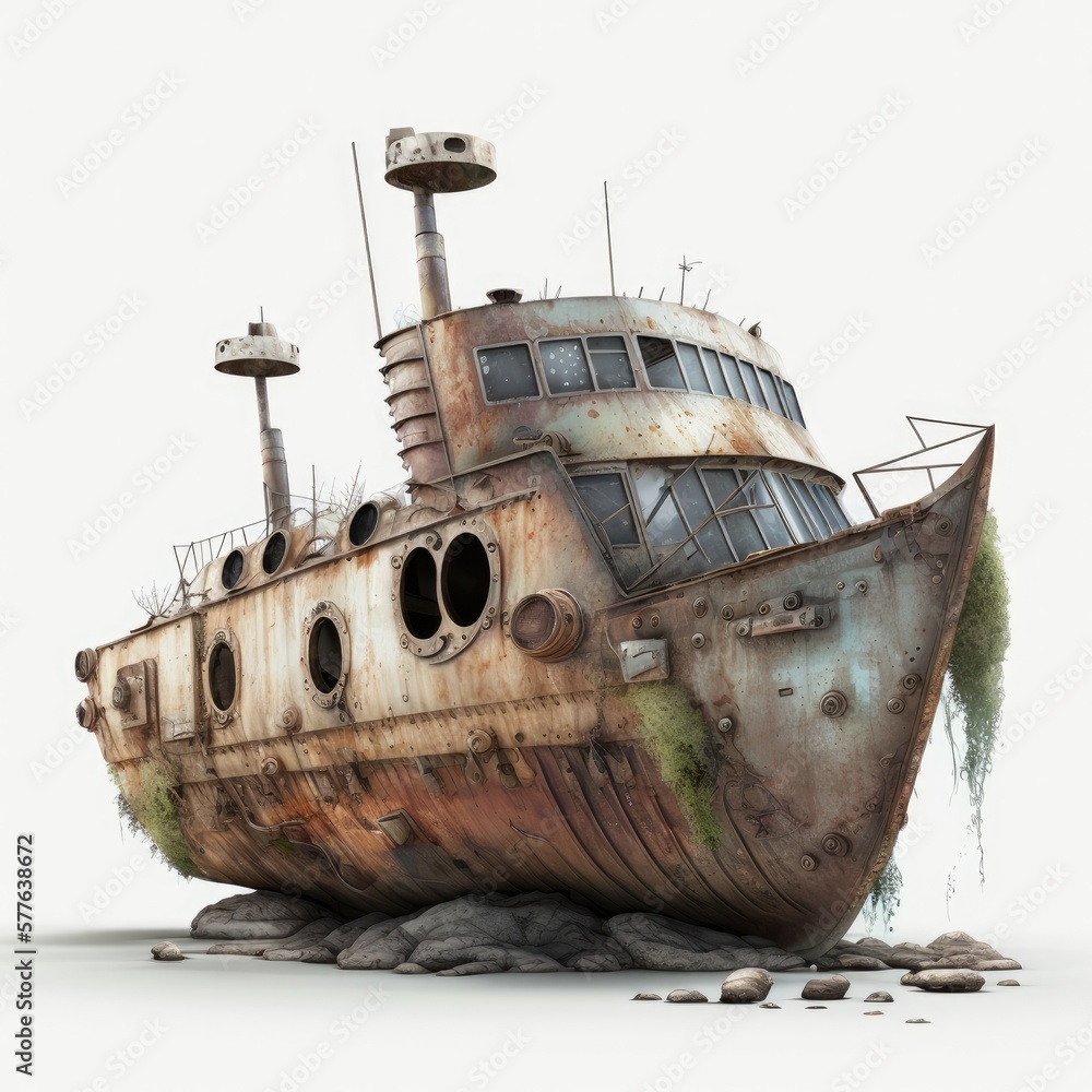 Rustic destroyed old fishing boat, post apocalypse object Stock ...
