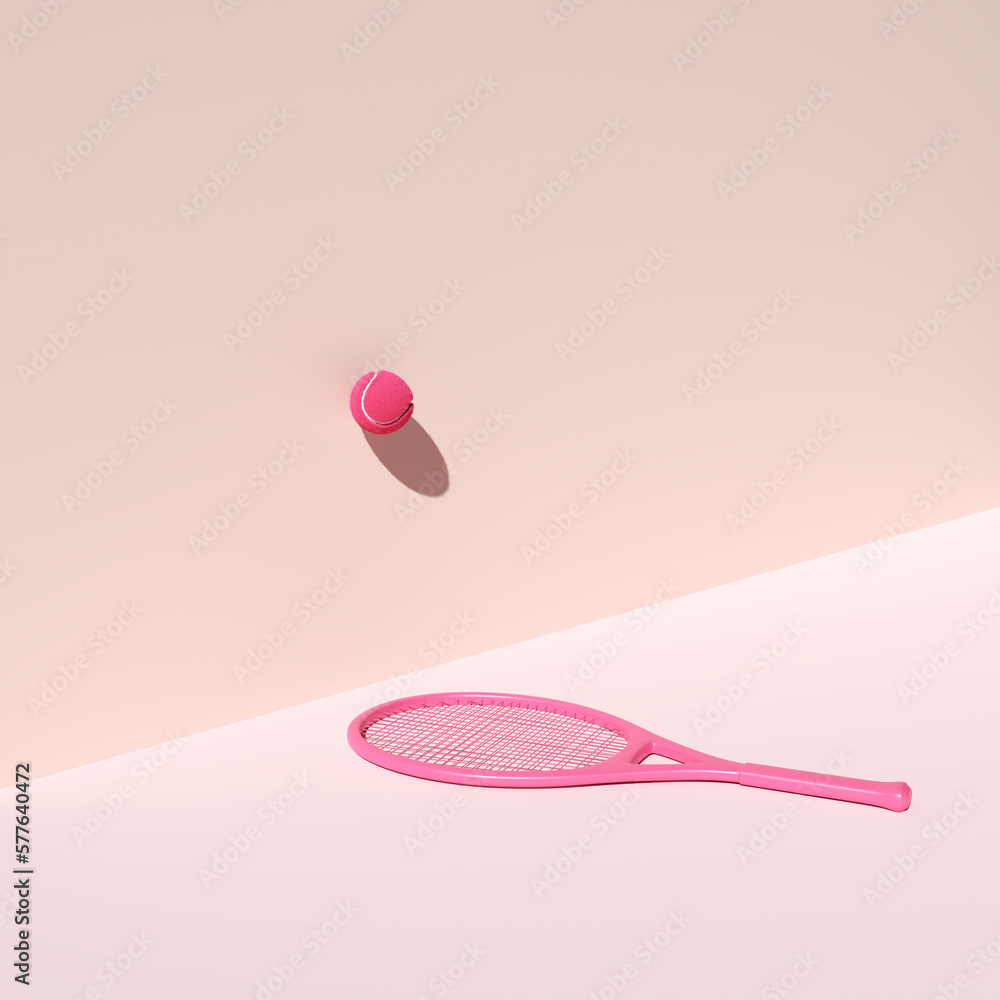 A pink tennis racket with a pink tennis ball pinned on a beige wall ...