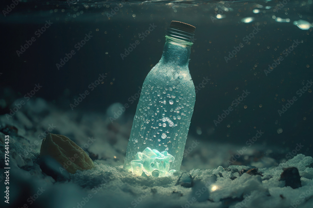 A lone water bottle rests on the ocean floor, an eerie symbol of human ...