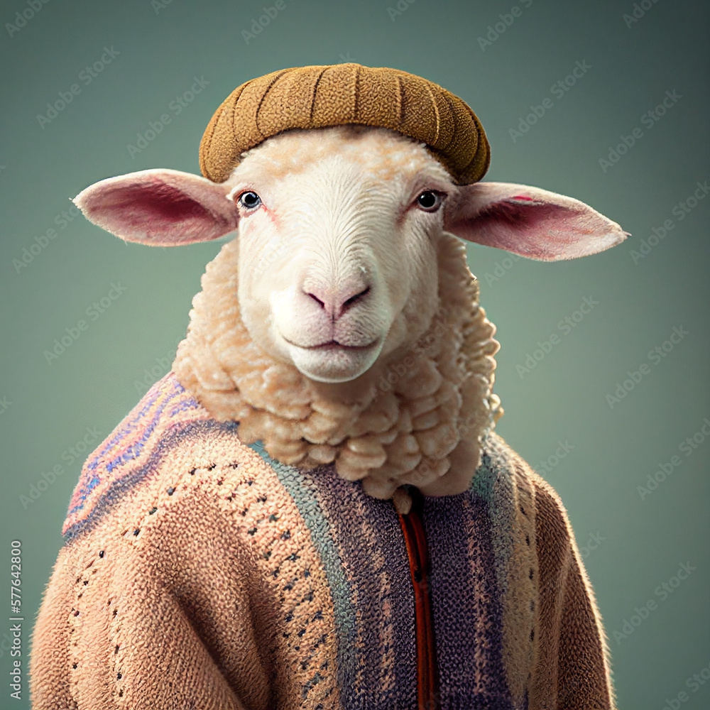 Realistic lifelike sheep in retro vintage pastel colourful, mod twiggy ...