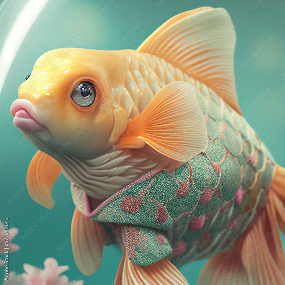Realistic lifelike fish in retro vintage pastel colourful, mod twiggy ...