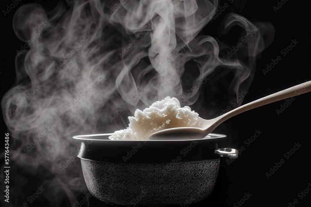 Poster Rice ladle with hot smoke from the rice, from the rice cooker ...
