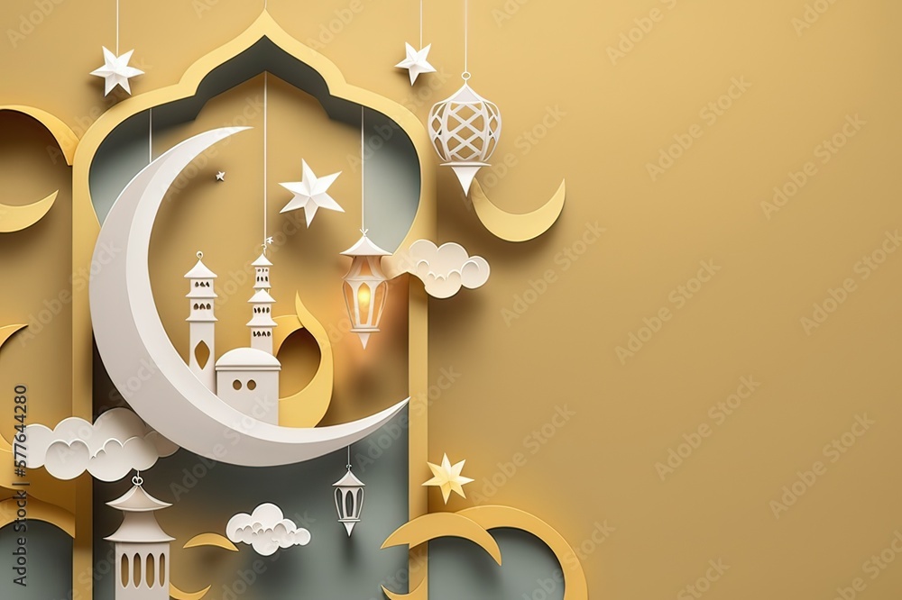 Paper craft origami design for Eid Mubarak Ramadan background with ...