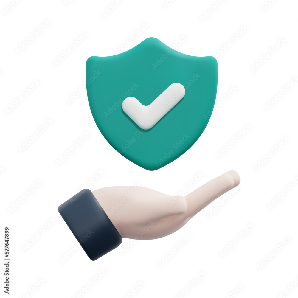 3d hand, check mark and shield icon vector. Isolated on white ...