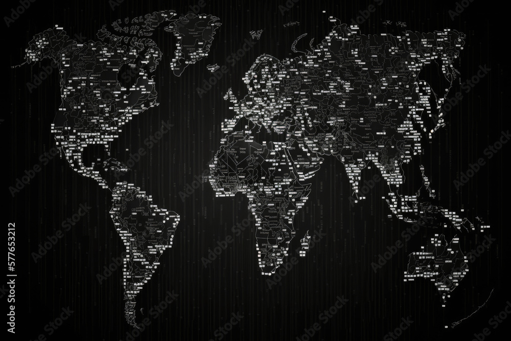 Data around the world on black world map background. Generative AI ...