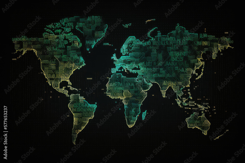 Data around the world on black world map background. Generative AI ...