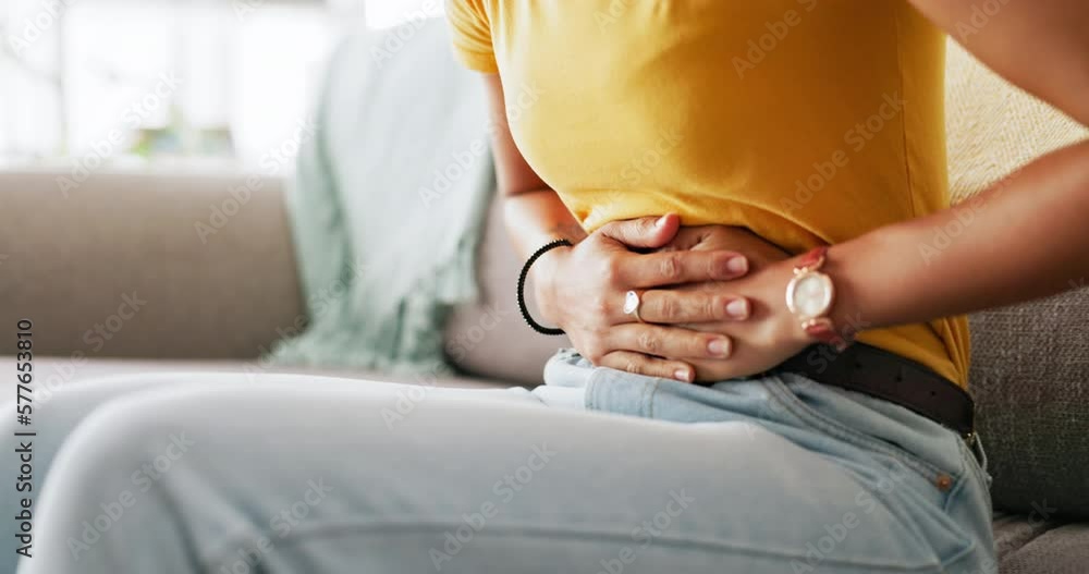 Pain, period and hands of woman on stomach holding belly for cramps ...