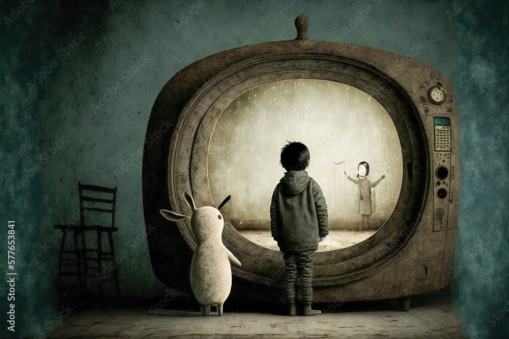 Surreal and bizarre painting of a child and a strange being. Fictional ...