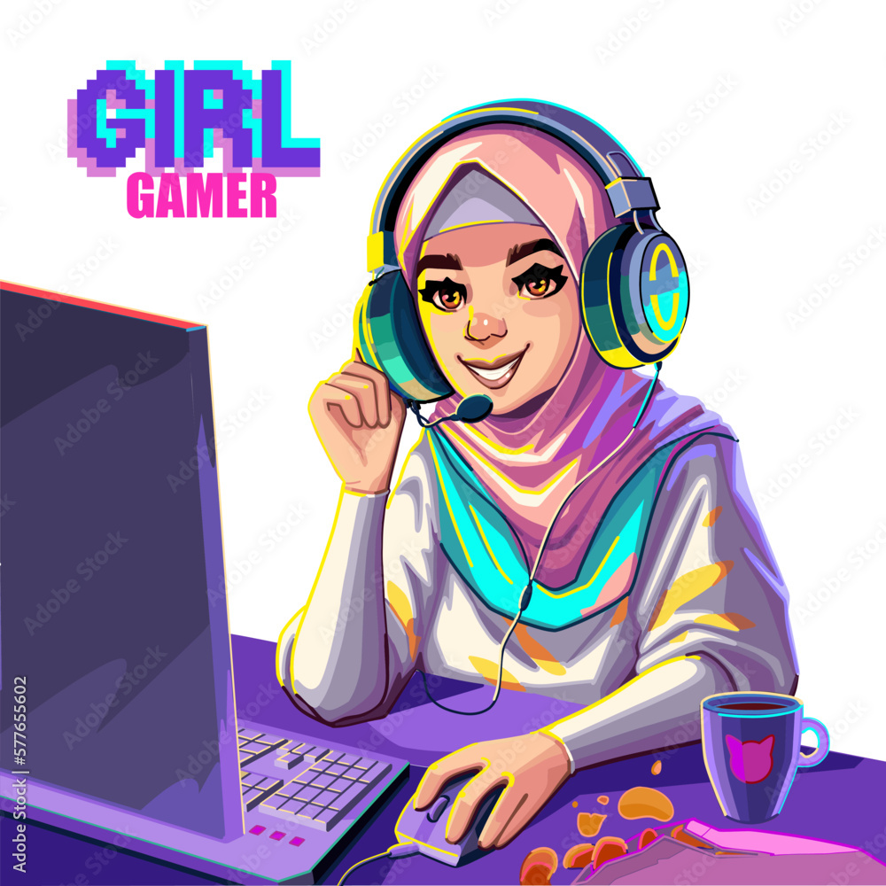 Muslim girl gamer or streamer in a hijab and a headset sits at a ...