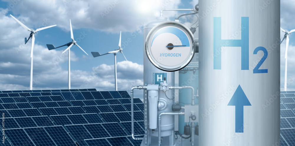 Hydrogen pipe with gauge on a background of H2 factory using renewable ...