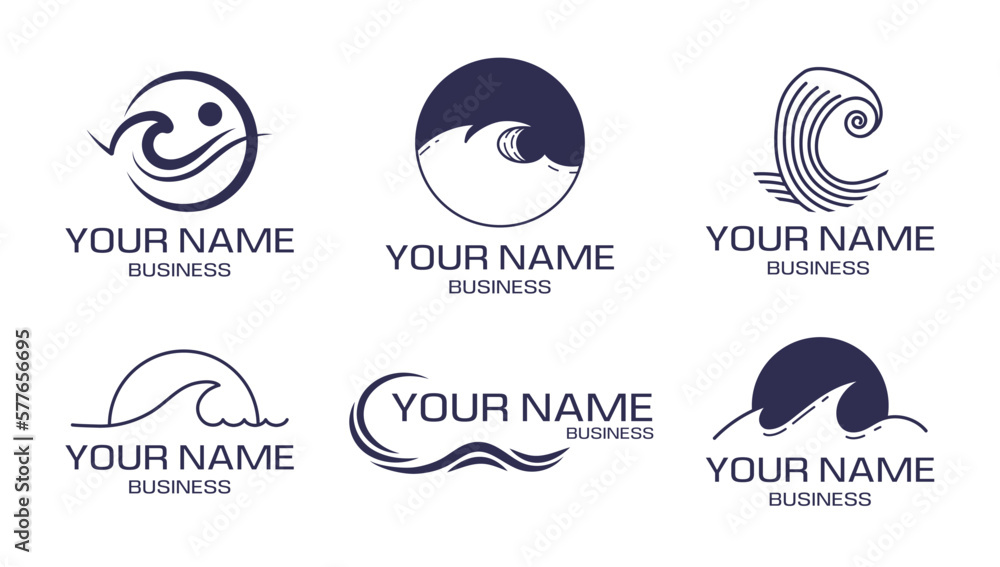 Edge ocean waves, marine logos. Sea water and sky, crushing sun, water ...