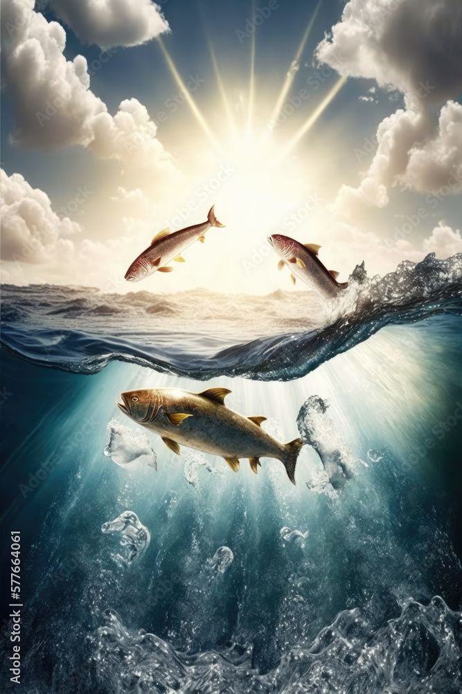 Fishes jumping out of the water over breaking waves. Half water ...