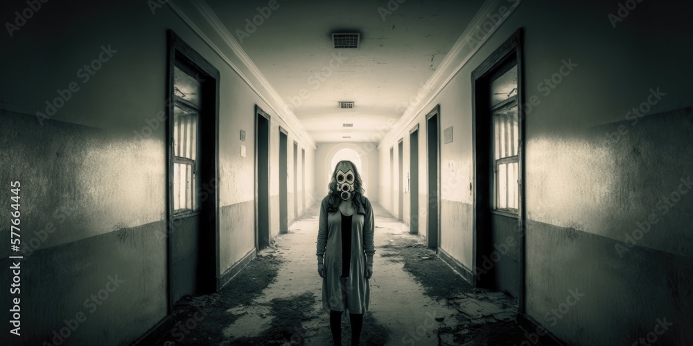 Suffering displaced refugee of a war torn city, wearing gas mask ...