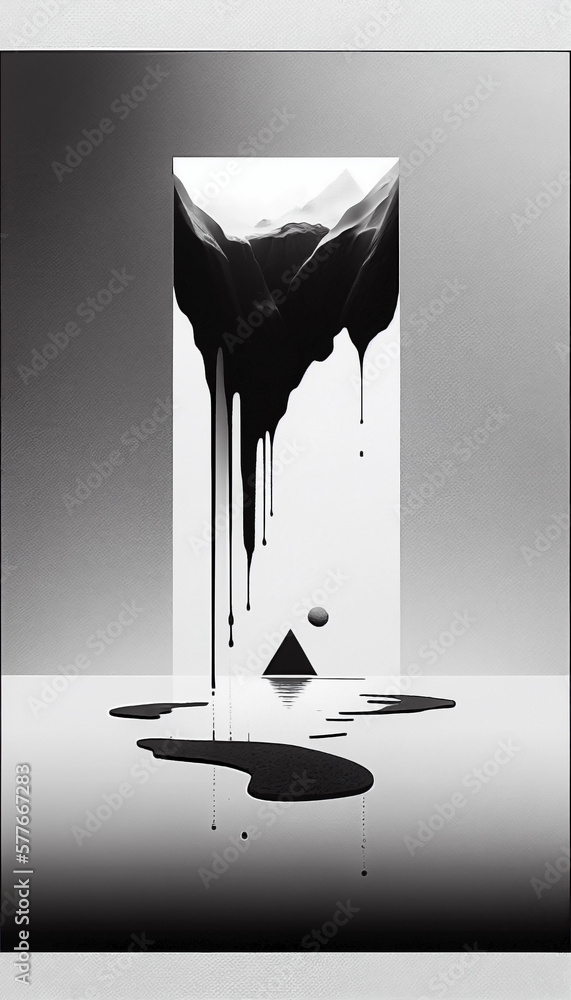 Ai generated. Triangular pyramid rests on a large mountain. Black and ...