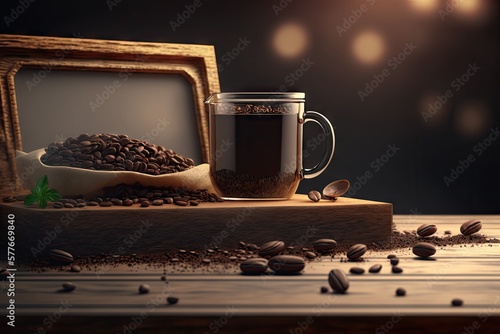 Coffee Background Coffee Cup Coffee Beans on Table with empty copy ...