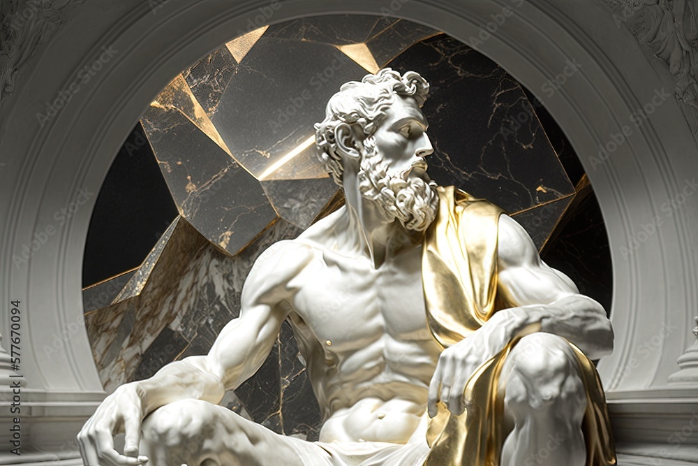 Statue stoïcienne en marbre sculpté aux accents dors. Personne grecque ...