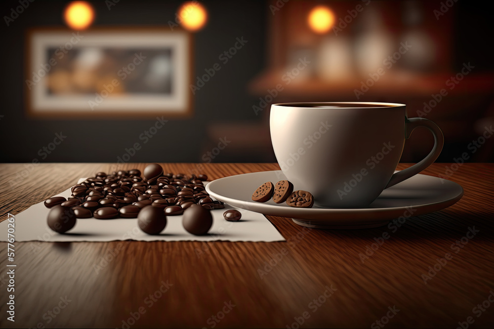 Coffee Background Coffee Cup Coffee Beans on Table with empty copy ...