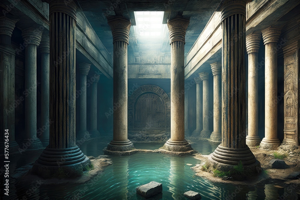 old construction of ancient cistern with support columns in middle and ...