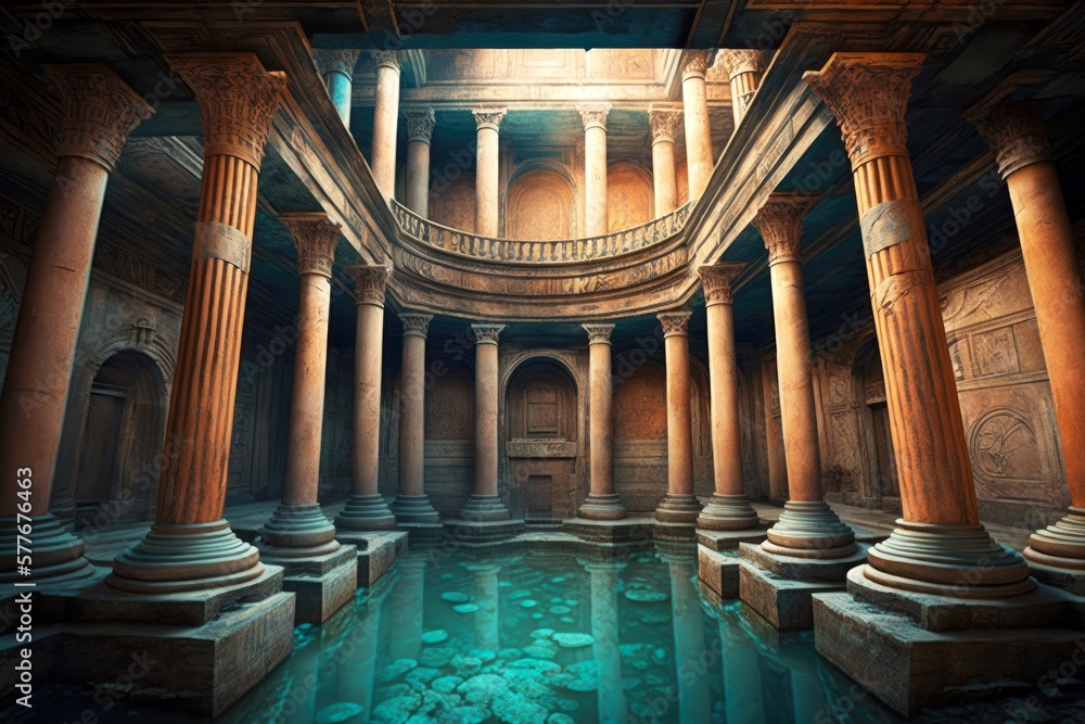old construction of ancient cistern with support columns in middle and ...