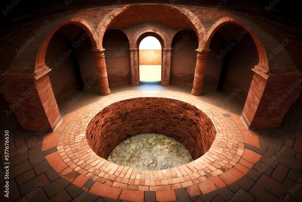 ภาพประกอบสต็อก brick ancient cistern with round opening in middle of ...