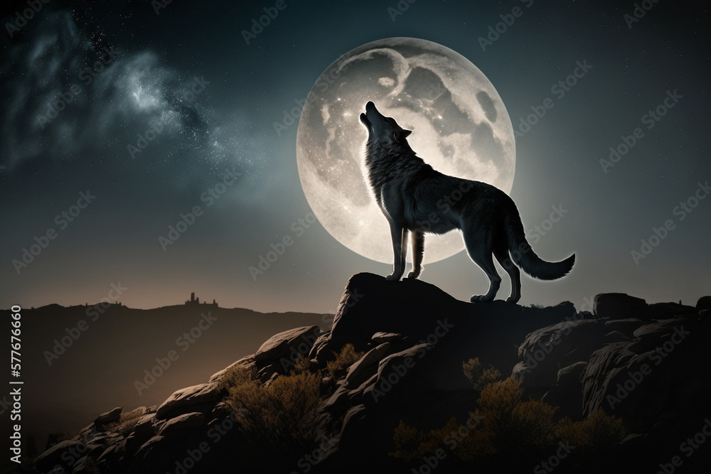 A wolf howling at the moon with the milky way in the background. Image ...