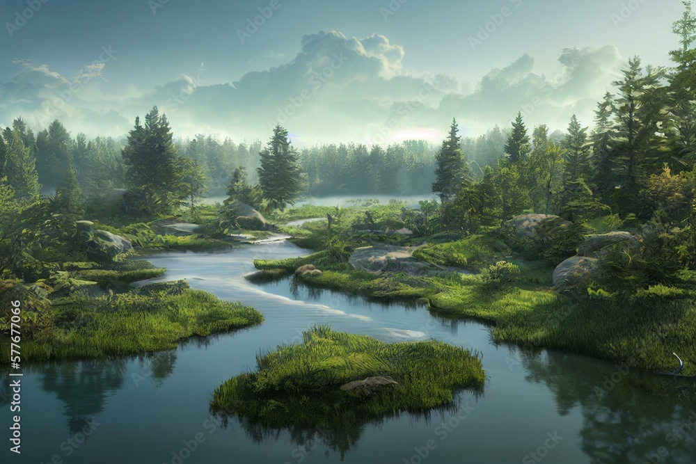 isometric nature corner with a river and trees around. Generative AI ...
