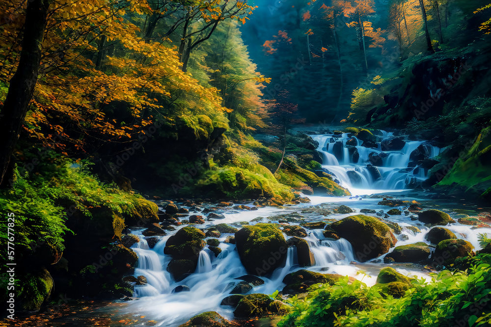 Stream in the forest with mini waterfalls as it cascades down the rocks ...