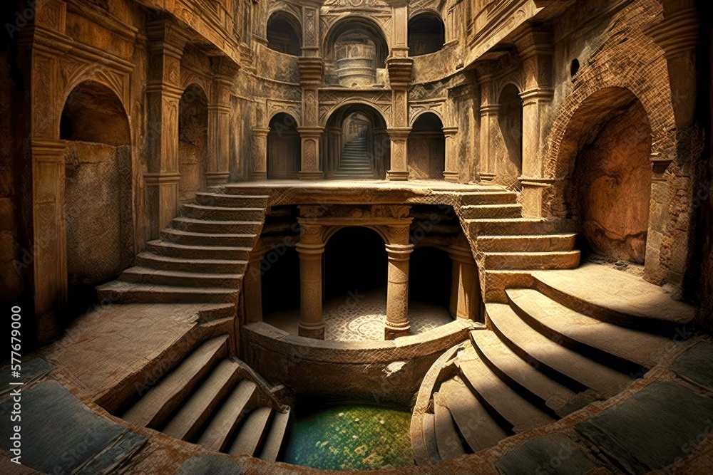 ancient cistern with stone stairs and walkways for water storage in ...
