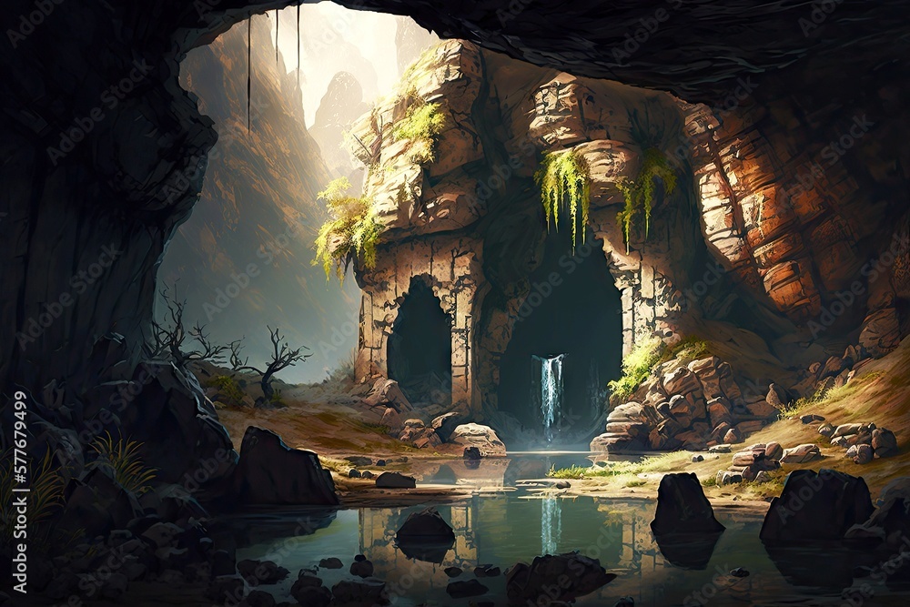 ancient cistern cave with ruined walls and rock falls, created with ...