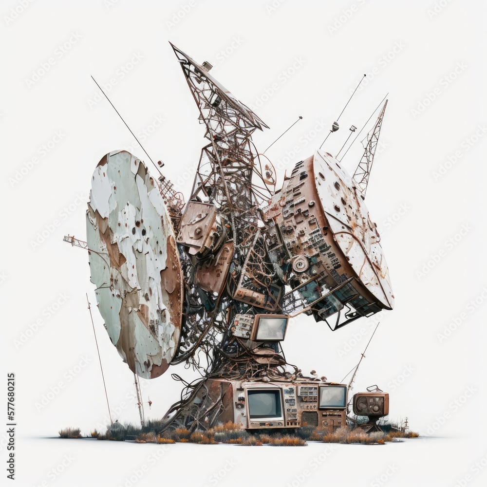 Ruined damaged and rusted radar, old navigation system, post apocalypse ...