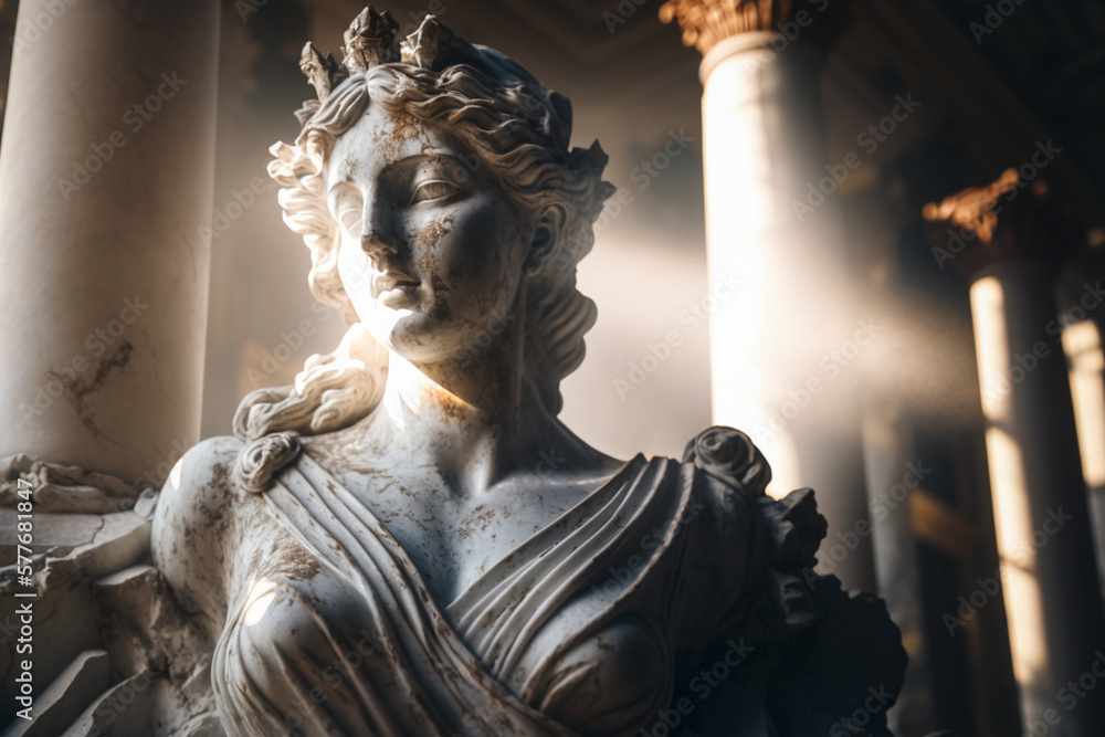 Marble sculpture of an ancient Greek goddess against the background of ...