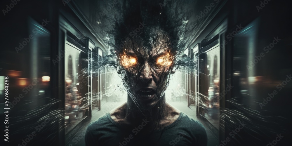 Rotting flesh and glowing eyes male zombie, beyond undead horror ...