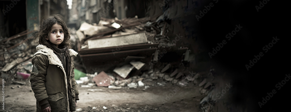 Banner sad child standing in front of collapse buildings. Ai generative ...