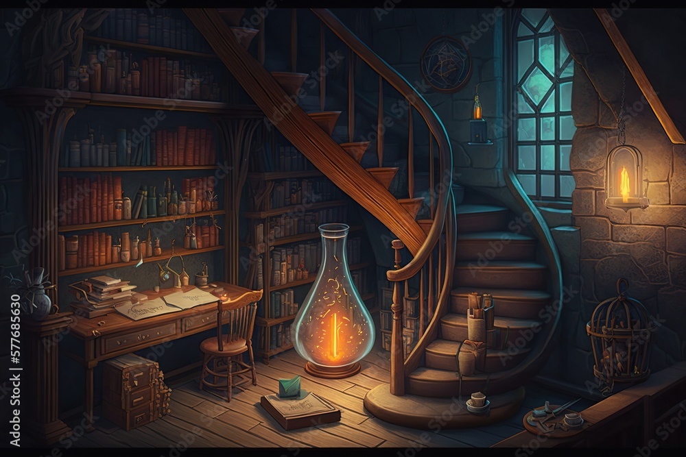 Witch or wizard alchemical laboratory with magic glow. Ai. Alchemist ...