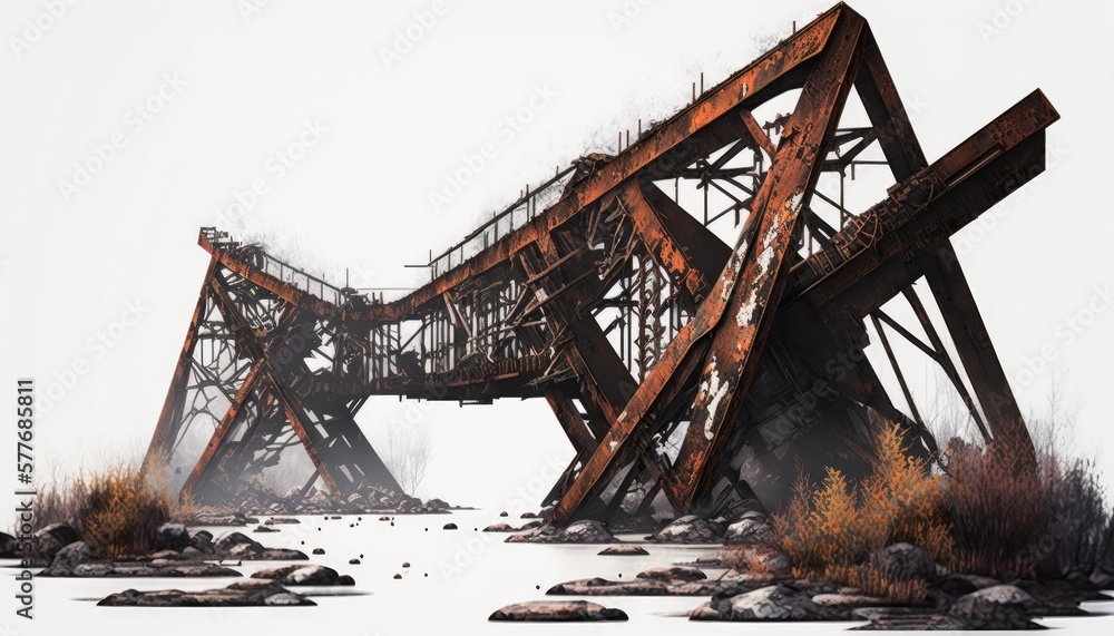 Ruined damaged rust bridge, post apocalypse object Stock Illustration ...