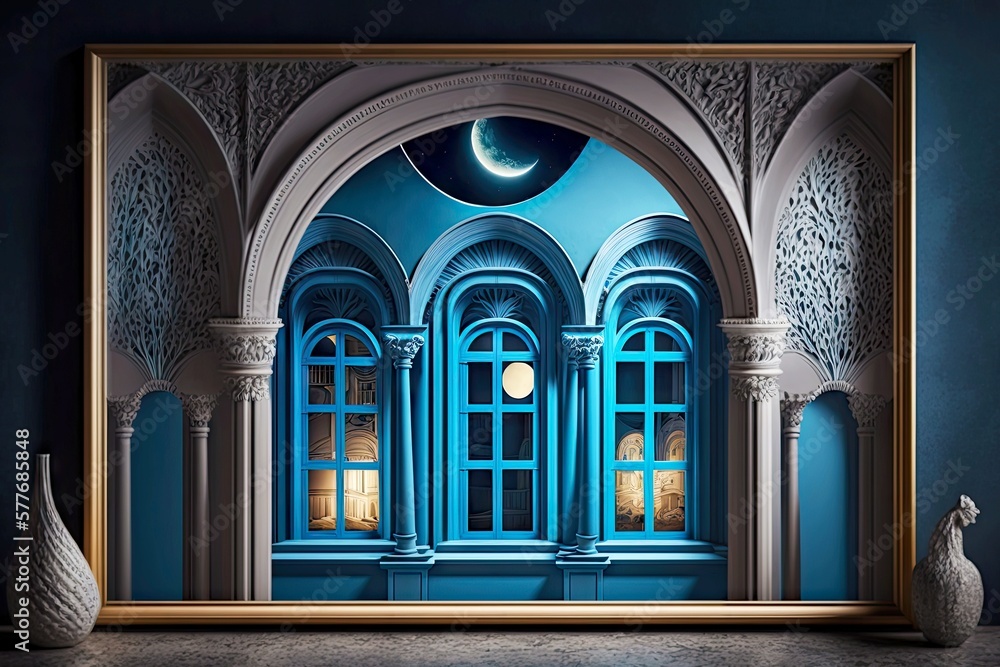 beautiful blue arched windows framed with columns and decorated with ...