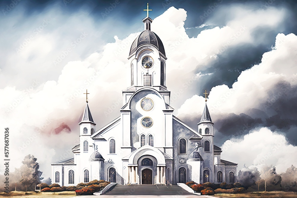 church building with white arched windows and bell tower on background ...