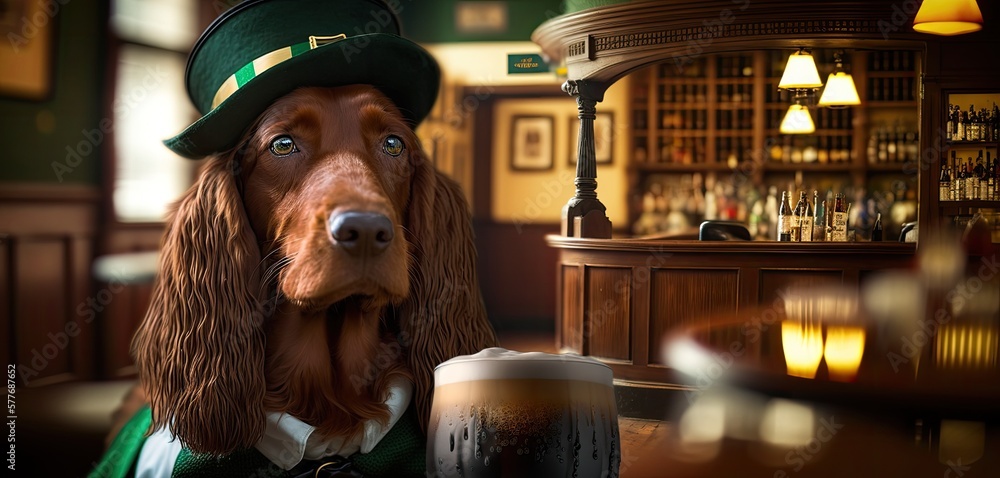 Dog celebrates St. Patrick day in pub with pint of beer. Dog character ...