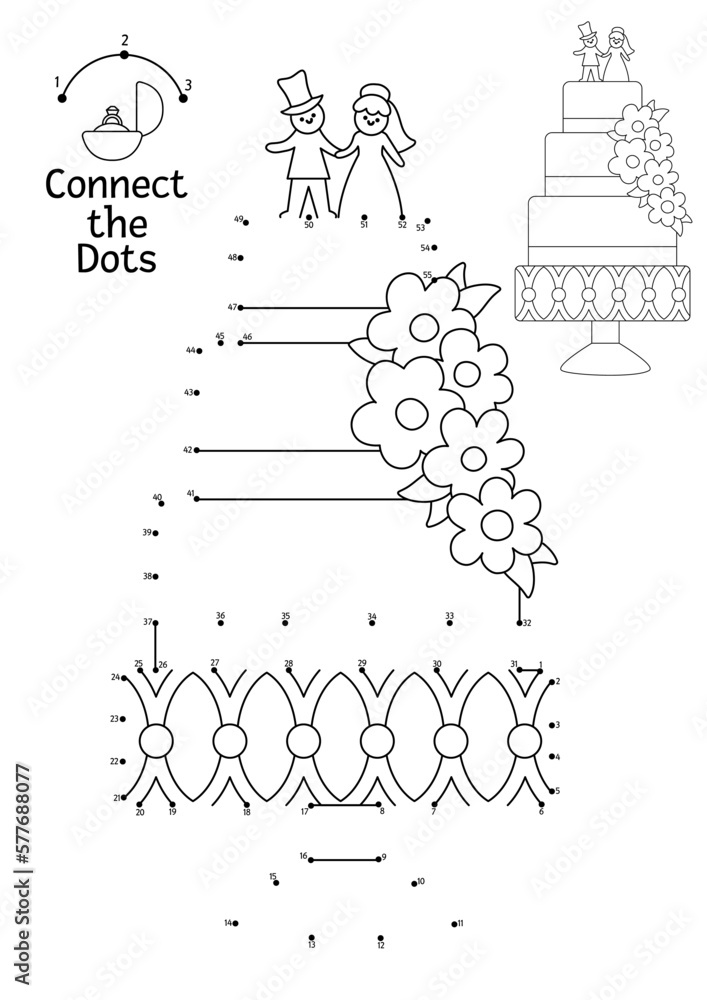 Vector dot-to-dot and color activity with cute wedding cake decorated ...