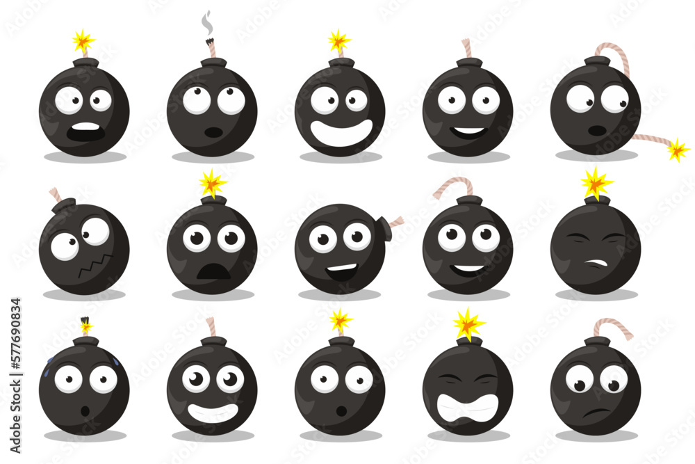 Cartoon bomb emotions set. Doodle explosive round weapon mascot with ...